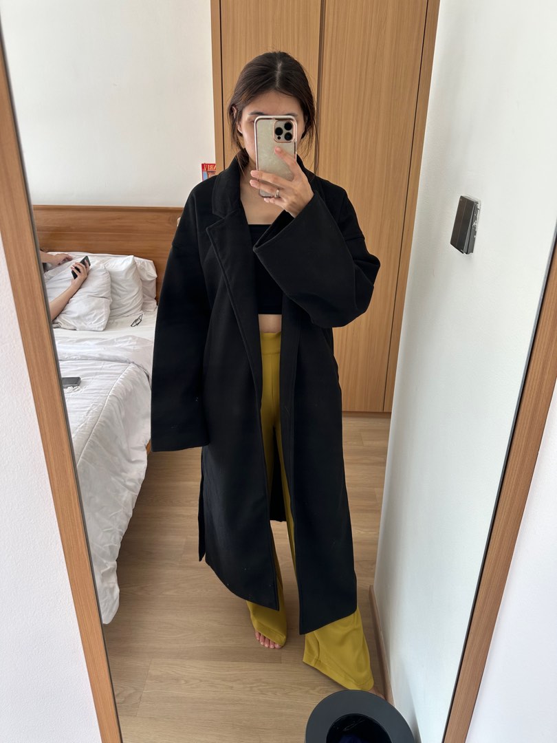 Super long coat hitam / black long coat jaket outer wool hitam panjang ...
