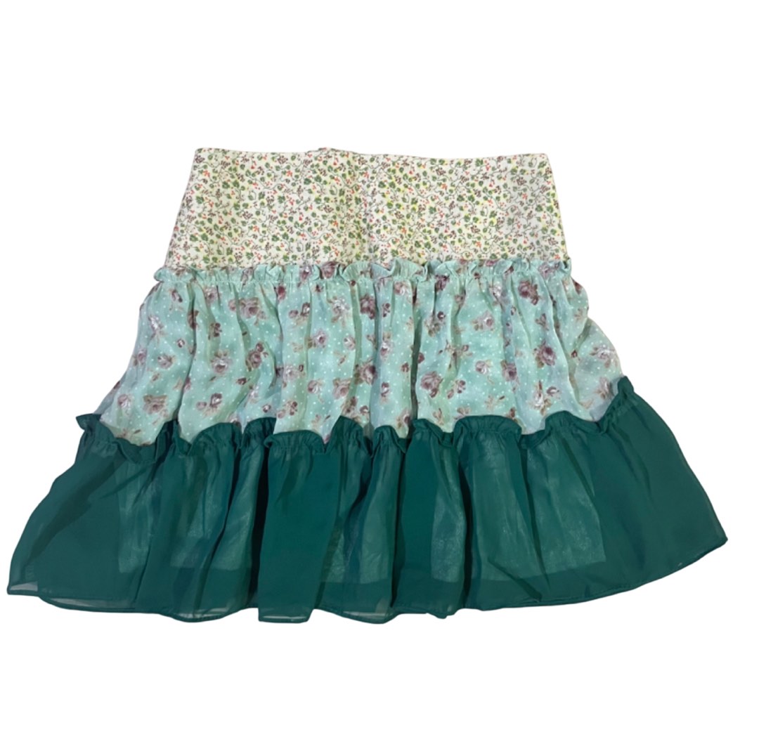 tiered ruffle mini skirt rok mini green flower floral fairycore ...