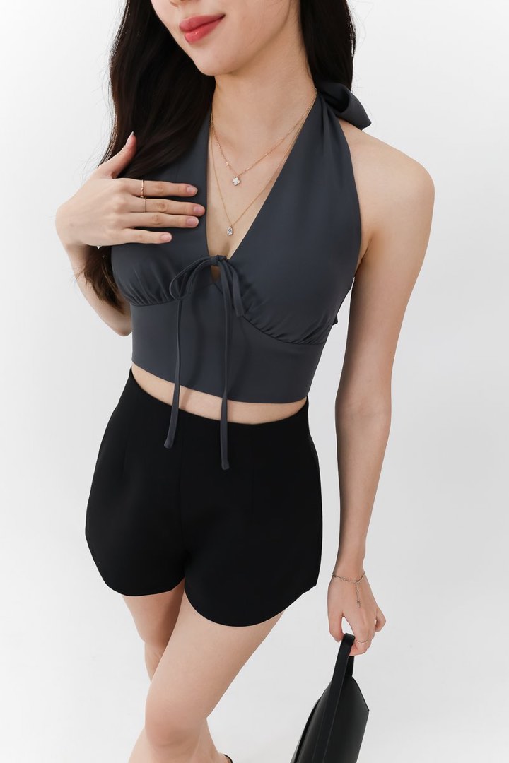 TSS Trea Tie Front Top in Steel Grey and White, Women's Fashion, Tops ...