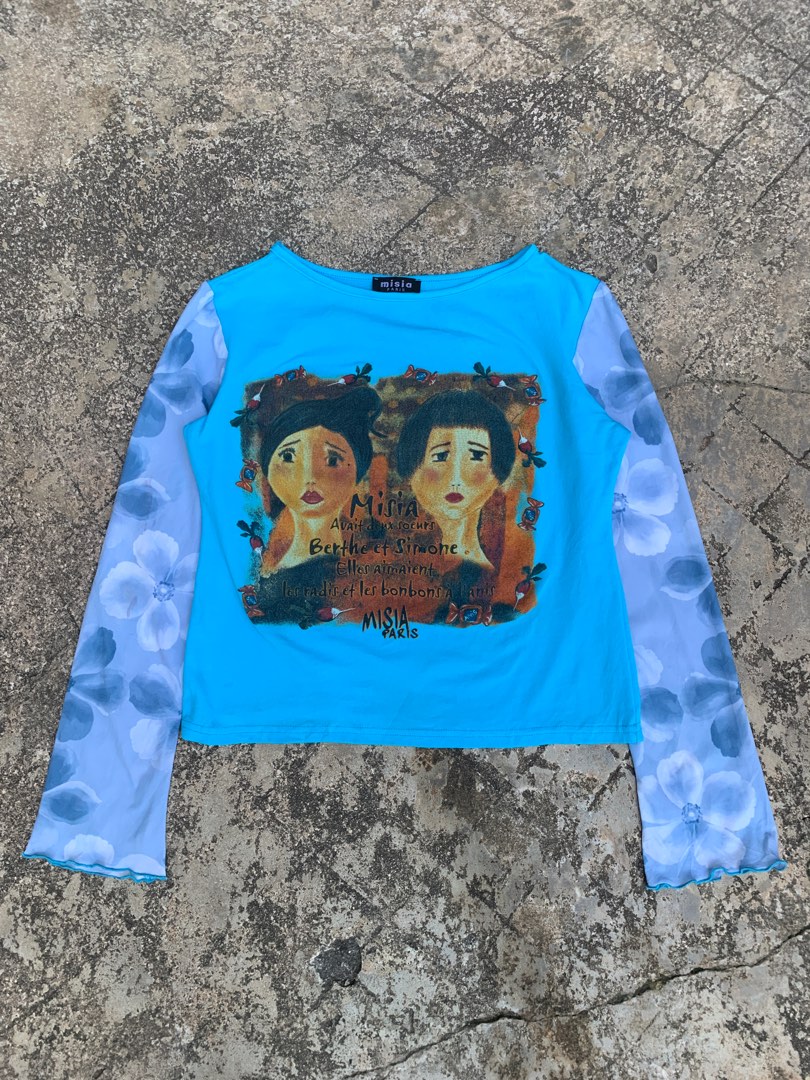 y2k Misia Paris Blue Oil Painting Art Poem Graphic Mesh Top, Fesyen ...