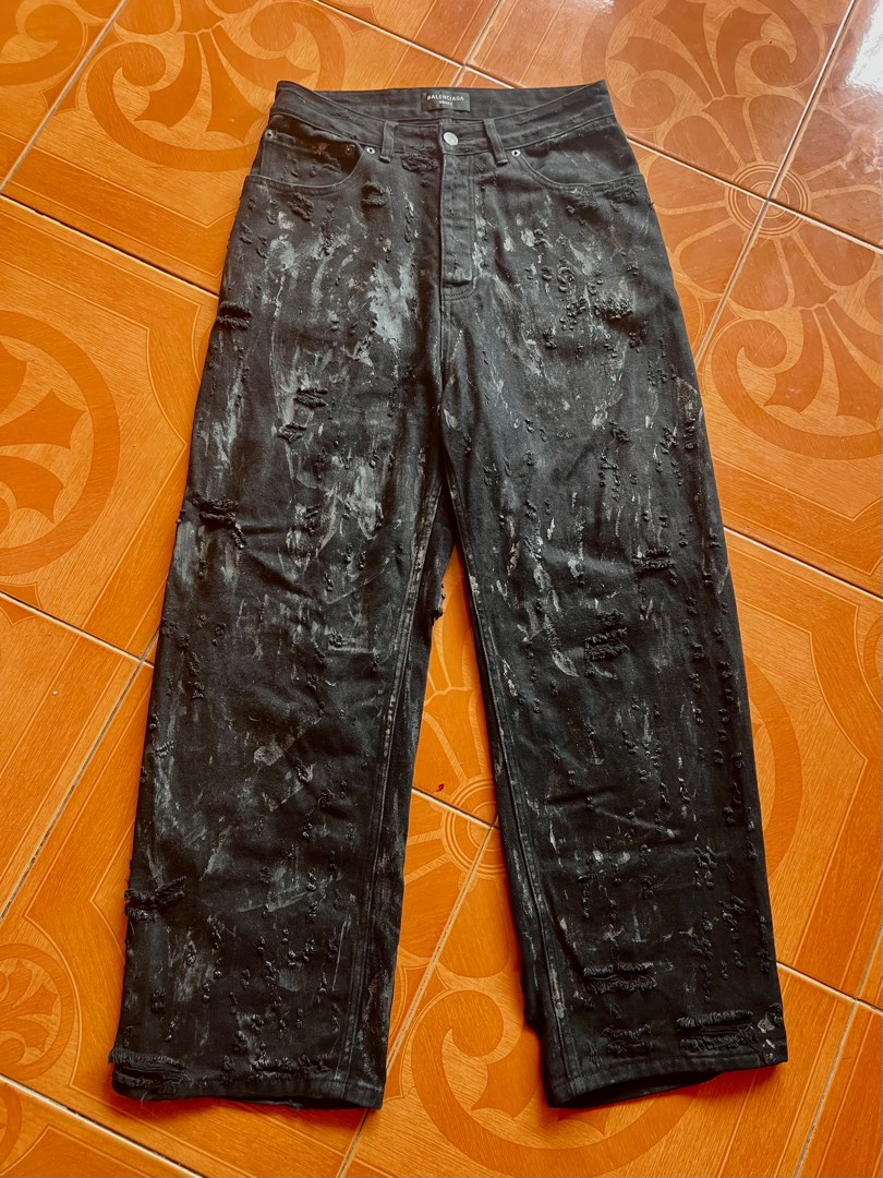 Balenciaga Destroyed Slashed Mud Denim Jeans Pants in Black, Men's ...