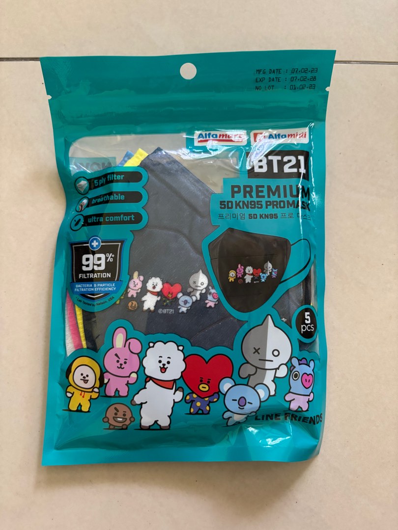 BT21 Premium 5D KN95 Mask 5pc Limited Edition, Health & Nutrition, Face ...