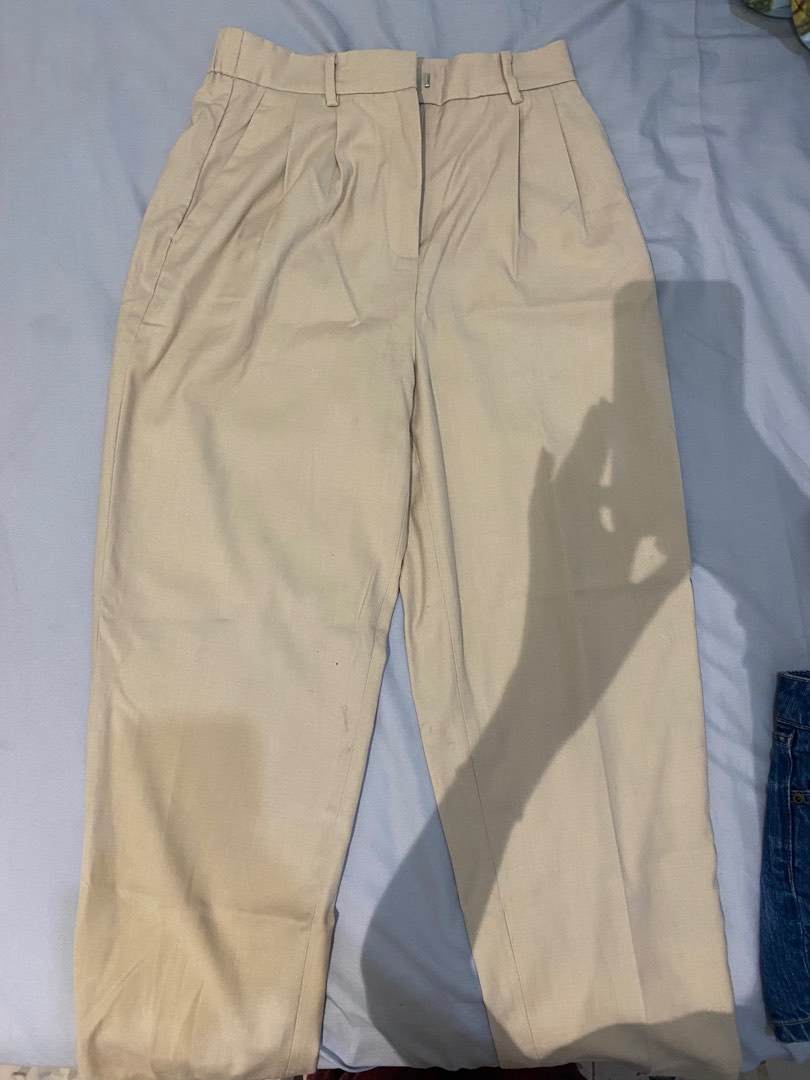 HnM Work Cotton Pants Cream, Fesyen Wanita, Pakaian Wanita, Bawahan di ...