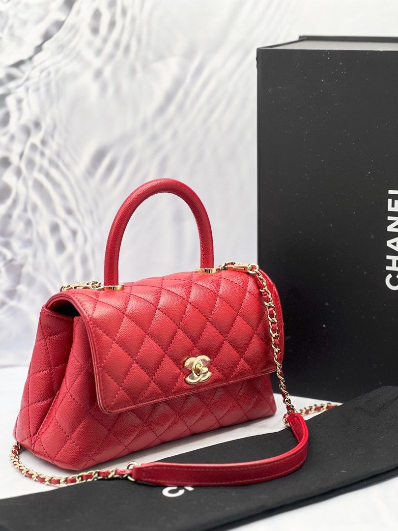 MICROCHIP CHANEL SMALL COCO HANDLE QUILTED CAVIAR LEATHER IN RED GOLD ...