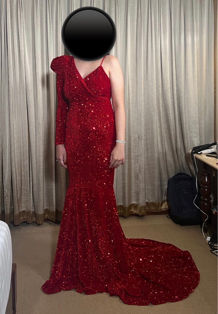 Red Evening Beaded Gown (L), Women's Fashion, Dresses & Sets, Evening ...