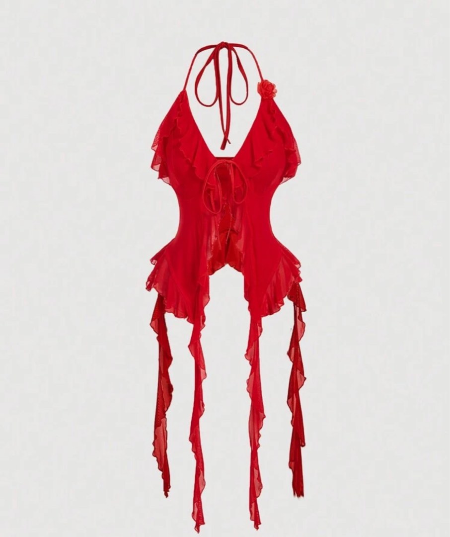 Red Ruffle Edge Top, Women's Fashion, Tops, Sleeveless on Carousell