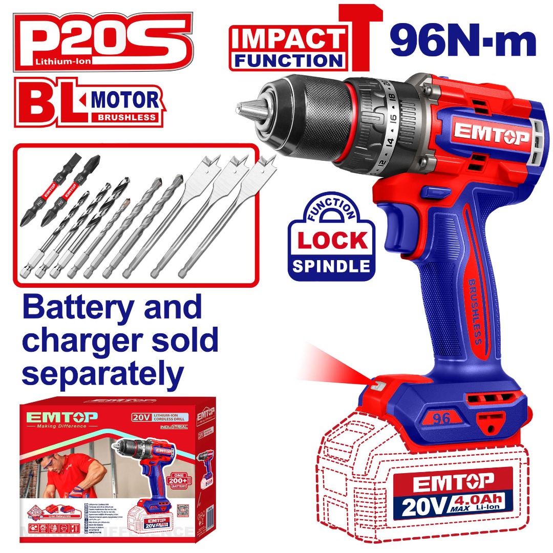EMTOP ECIDL209681 20V Brushless Impact Drill ( BARE UNIT ), Furniture ...