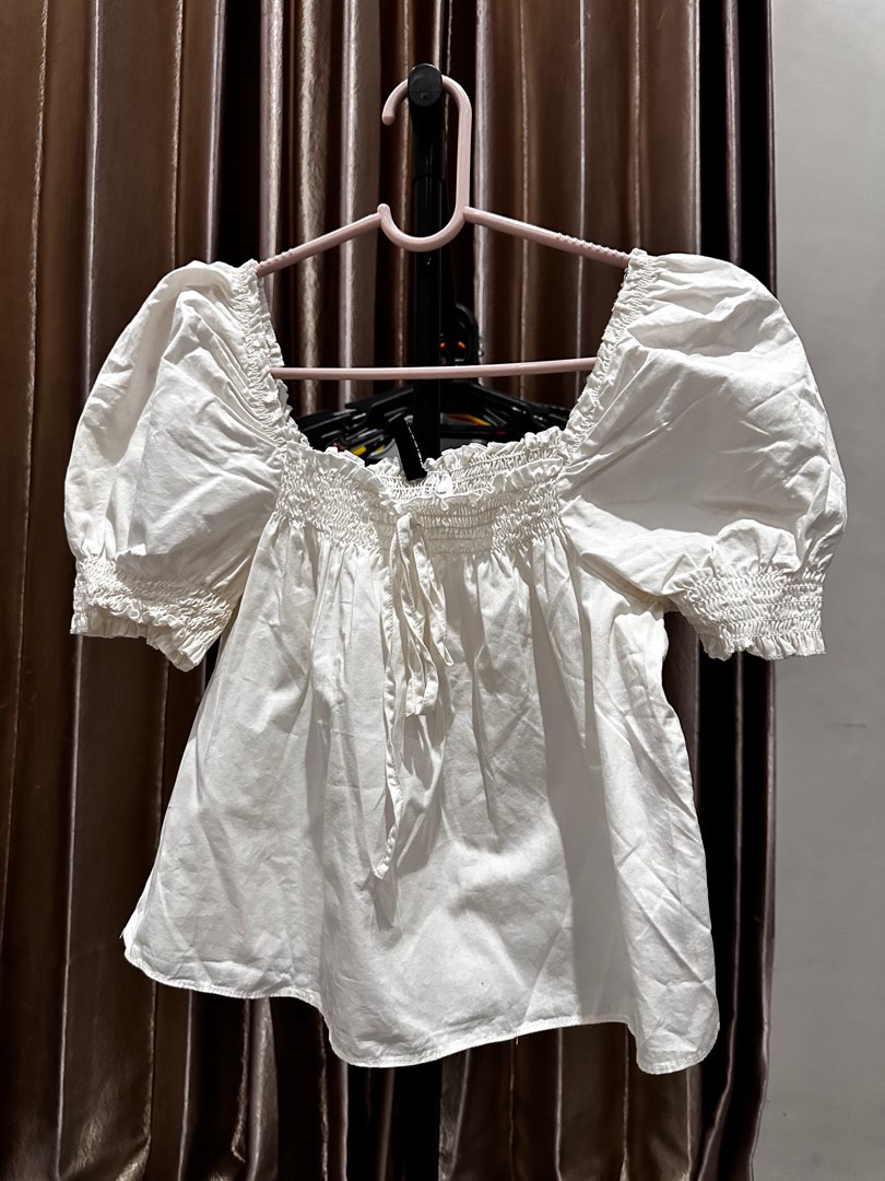 White Sabrina Top, Fesyen Wanita, Pakaian Wanita, Atasan di Carousell
