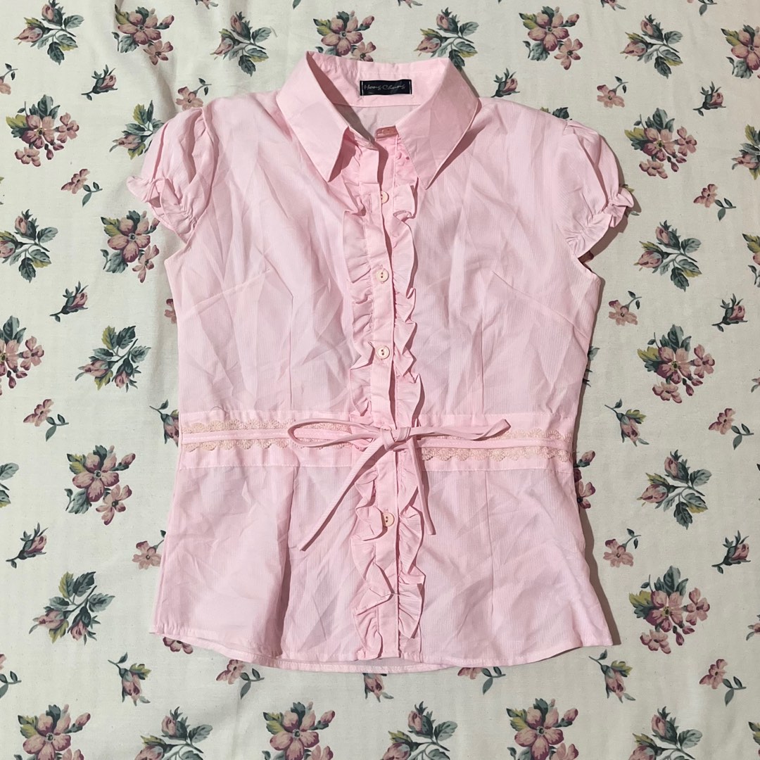 baby pink button down with lace and ribbon, Women's Fashion, Tops ...