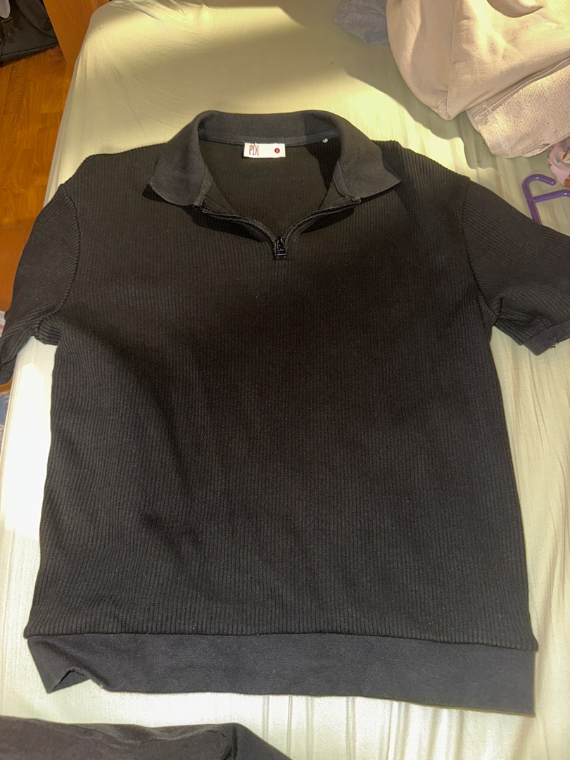 Black Ribbed Polo Shirt Half Zip, Men's Fashion, Tops & Sets, Tshirts ...