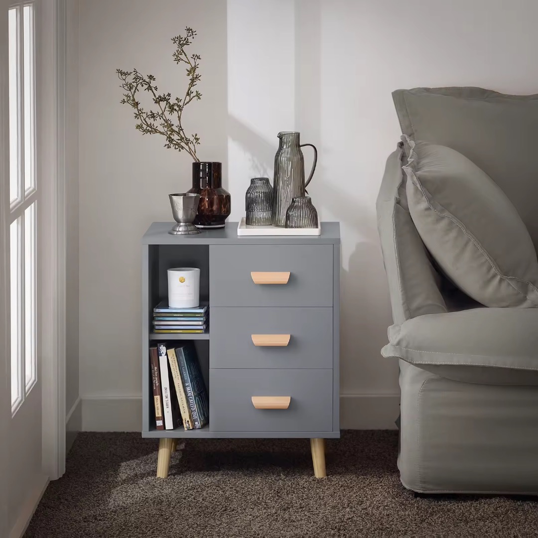 Grey Side Table Cabinet | 3-Drawer Bedroom Side Table | Sofa Side ...