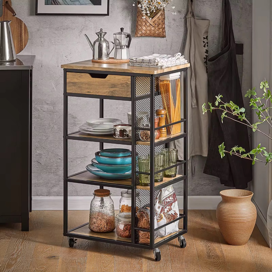 Kitchen Trolley With Drawer | Metal Frame Kitchen Rack | Wooden Rolling ...