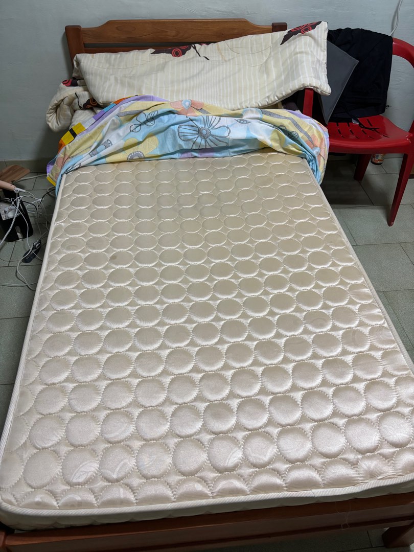 Single wooden bed frame with spring mattress (self collect), Furniture ...