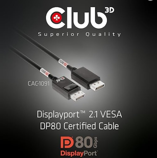Club 3D Displayport 2.1 cable (1.2m / DP80) - Supports HDR 4K 144Hz ...