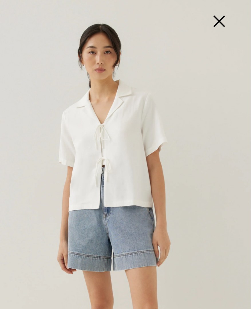 [LOVE, BONITO] Allie Linen Ribbon Tie Shirt in White, Women's Fashion ...