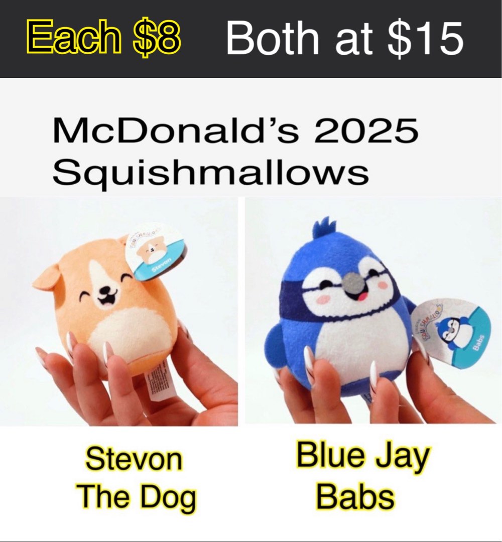 McDonald’s 2025 Squishmallows Blue Jay Babs ($8) Stevon the Dog ($8 ...