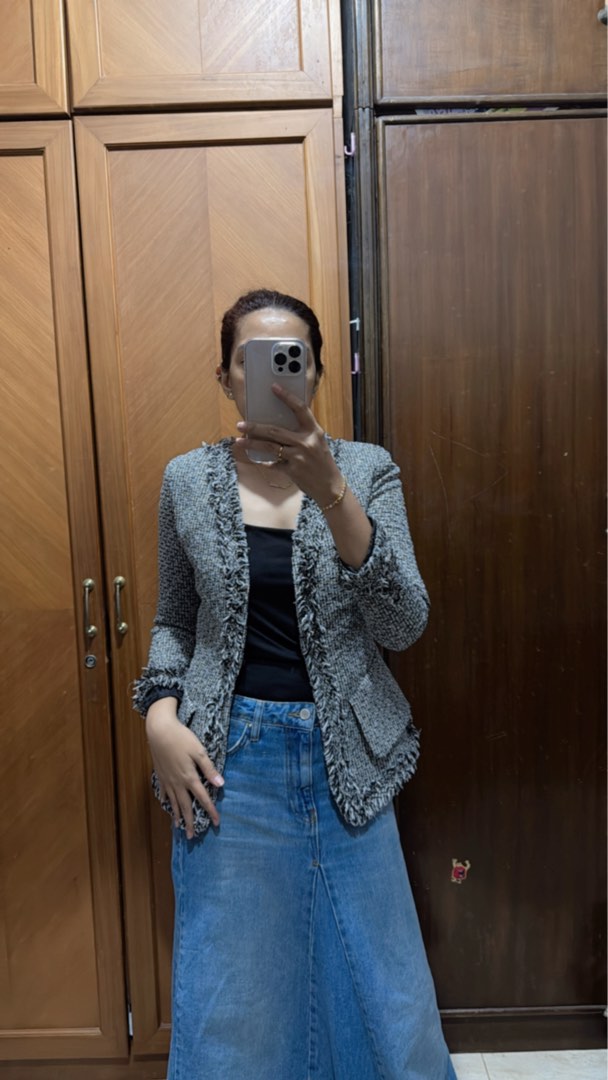 Merk Zara outer bahan tweed tebal halus full furing adem warna oreo bagian lis rawis2 model slim ...