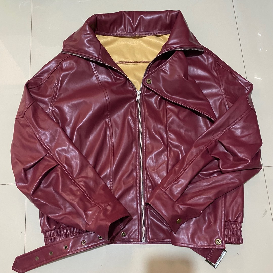 SHEIN red leather jacket aesthetic maroon, Women's Fashion, Coats ...