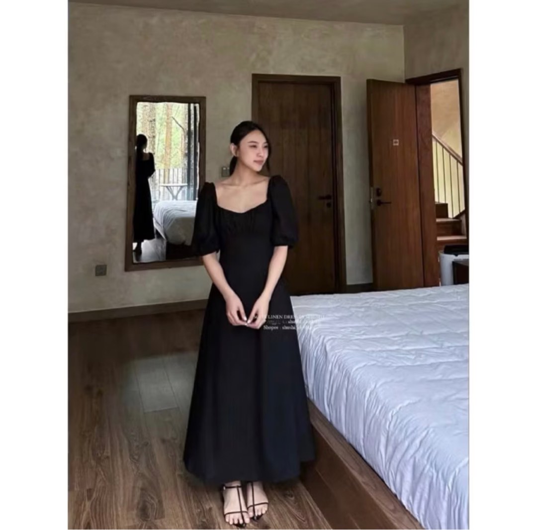 (M) Shu Shi Sofie Linen Dress Pleated Chest Sleeve Dress in black and white, Women's Fashion ...