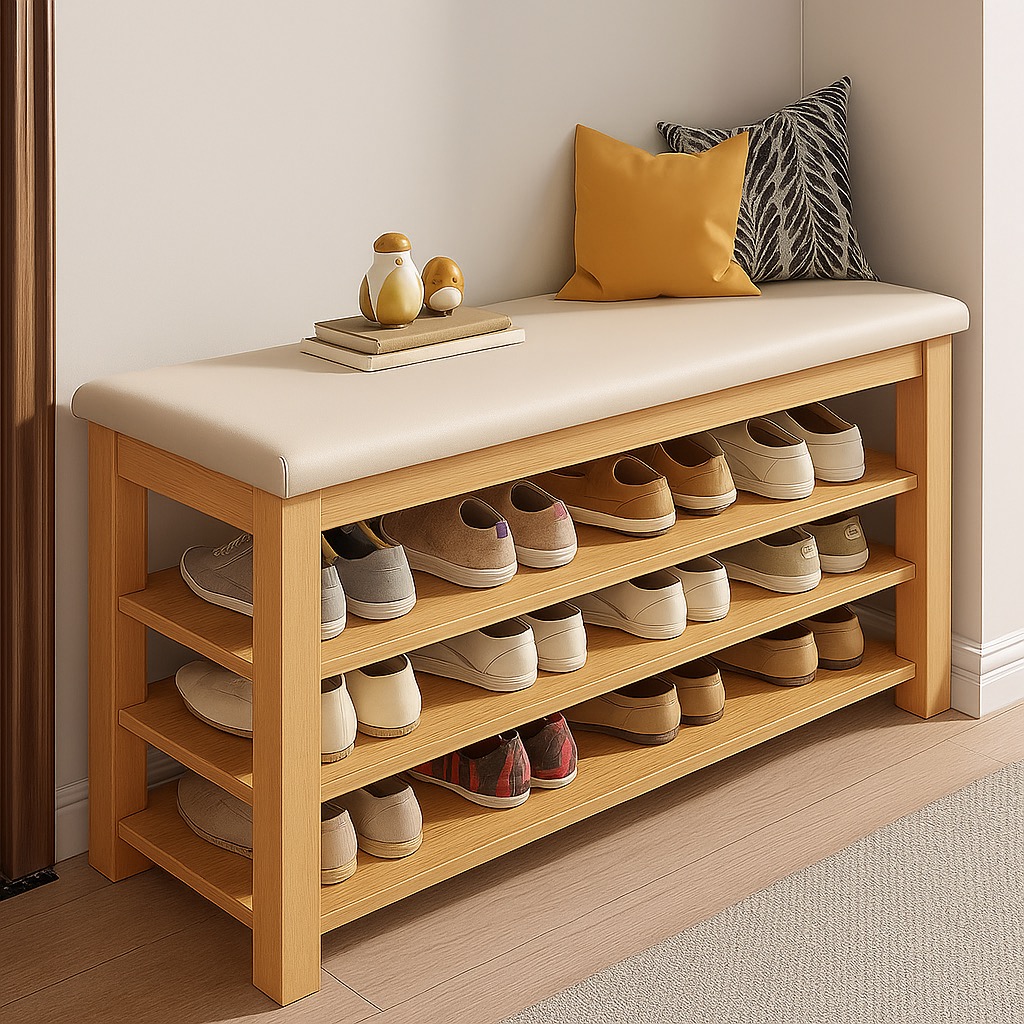 Bench Padded Shoe Rack | Wooden Entryway Shoe Shelf Seat | Multi-Layer ...