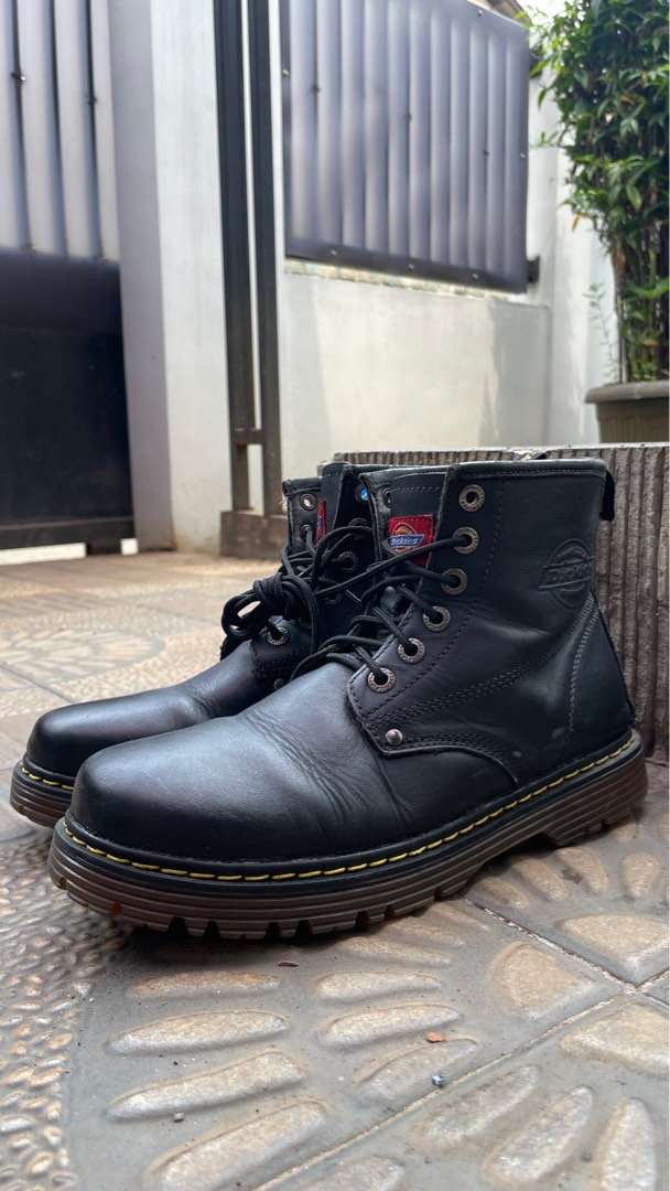 DICKIES BOOTS HIGH LEATHER FULL BLACK, Fesyen Pria, Sepatu , Sepatu ...