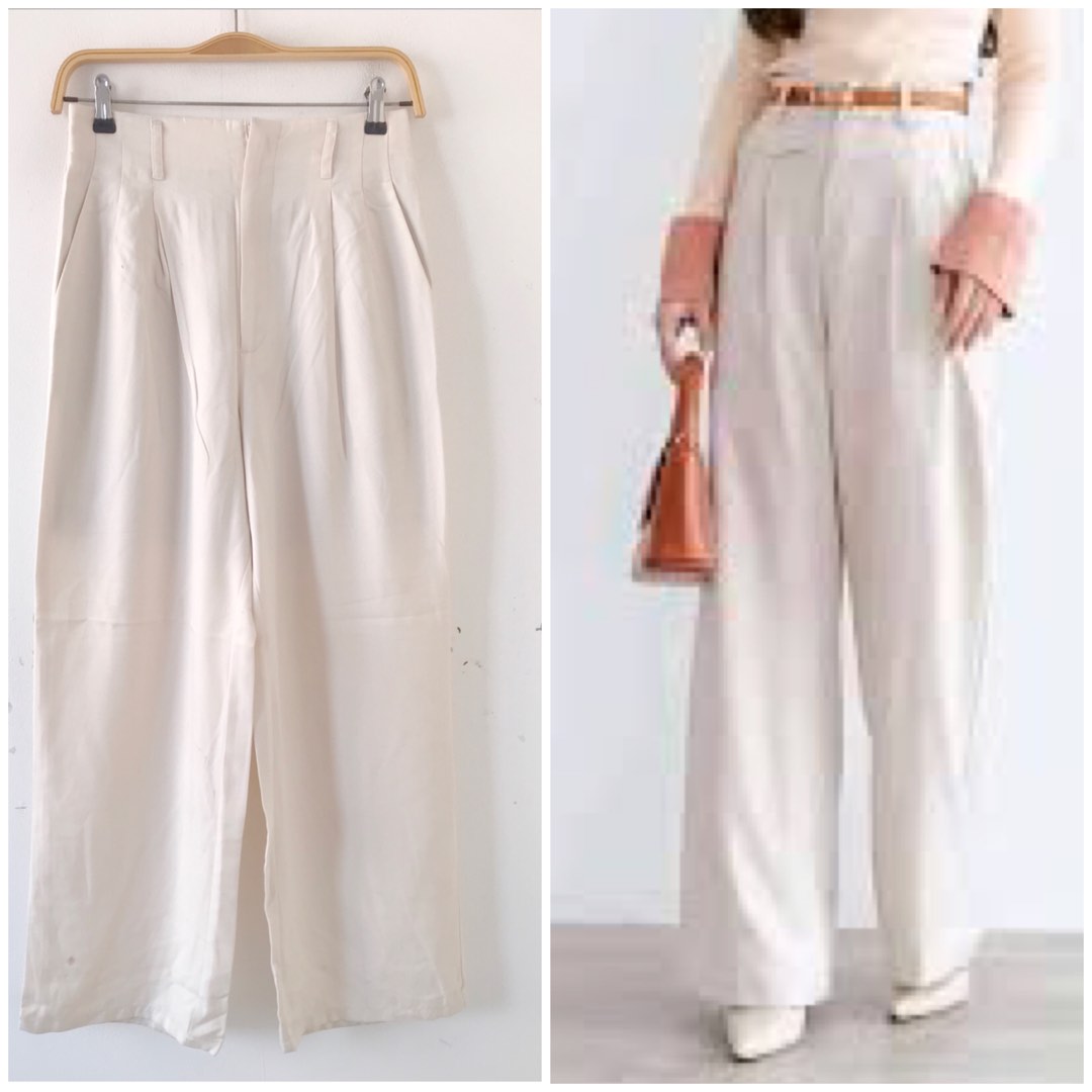 GU by Uniqlo Loose Highwaist Cutton Pants in Cream Beige L, Fesyen ...