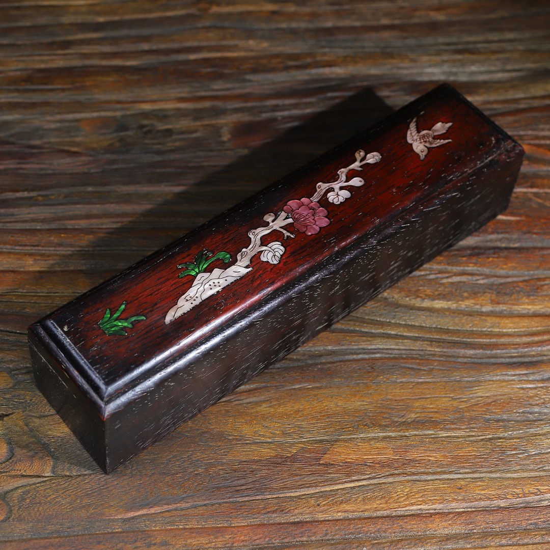旧藏红花梨木镶贝壳抽拉盒Old saffron rosewood drawer box inlaid with shells, Hobbies ...