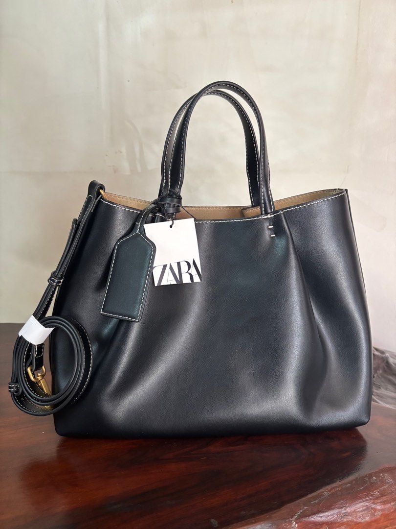 ZARA Brand New Topstitched City Bag (Black), Women's Fashion, Bags ...