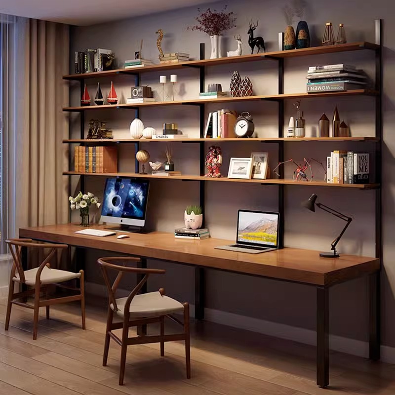 0483 Solid Wood Desk Desk Bookshelf Combination Double Seats Long Desk ...