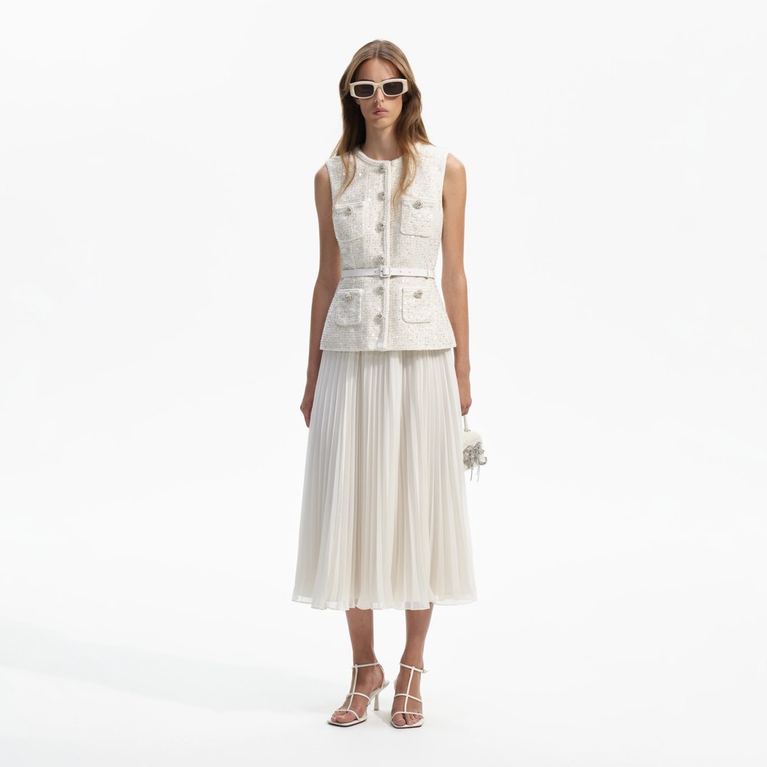 (Authentic) Self Portrait Cream Sequin Boucle Midi Dress, Women's ...