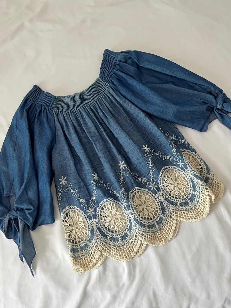 Vintage denim off shoulder, Women's Fashion, Tops, Blouses on Carousell