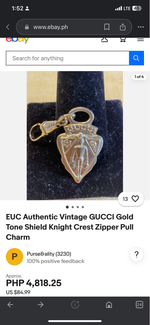 EUC Authentic Vintage GUCCI Gold Tone Shield Knight Crest Zipper Pull ...