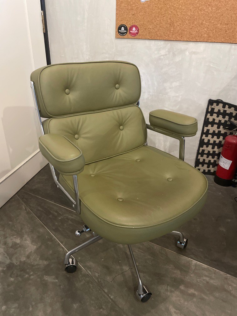 Vintage Green Leather Study Chair, Furniture & Home Living, Furniture ...