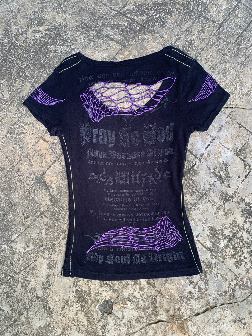 y2k Everyhigh Japan Black Reverse Wings Embroidery Graphic Poem Top ...