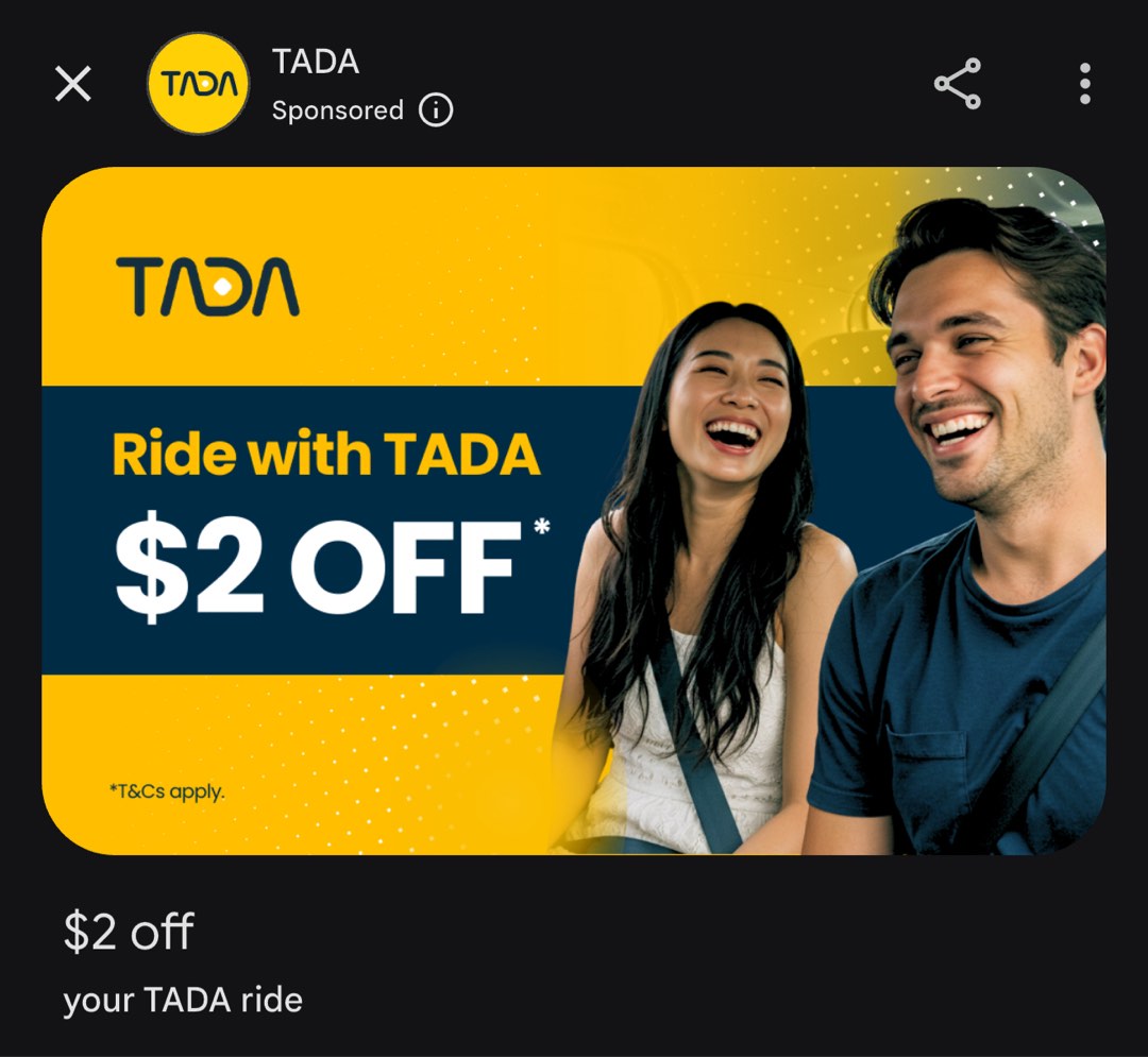 FREE $2 off TADA ride voucher, Tickets & Vouchers, Vouchers on Carousell