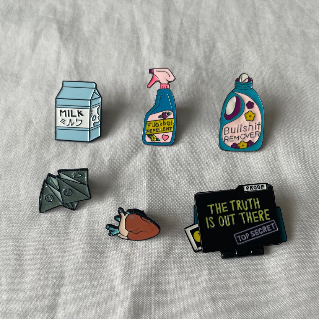 Assorted Enamel Pins - Milk Carton, Repellent Spray, Detergent, Paper ...