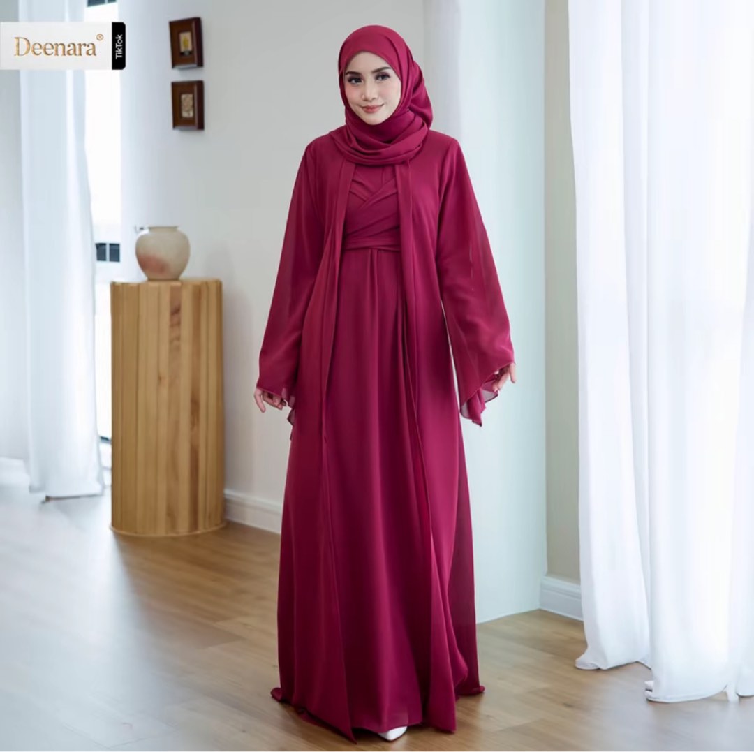 Deenara Lanora wrap abaya dress in berry maroon, Women's Fashion ...