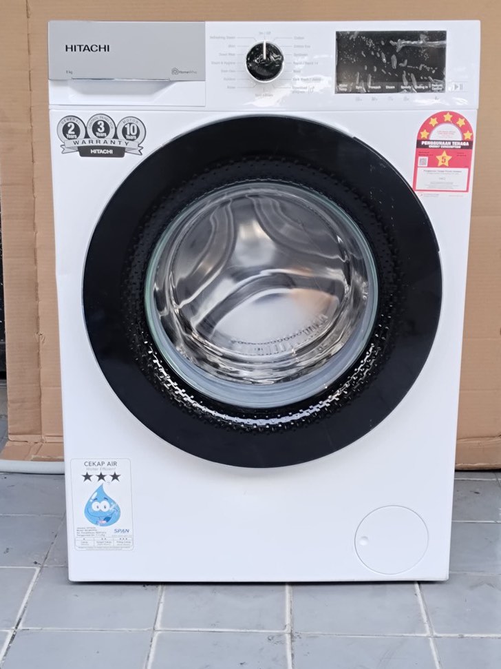 Front load hot washer Hitachi 8kg washing machine mesin basuh fully ...