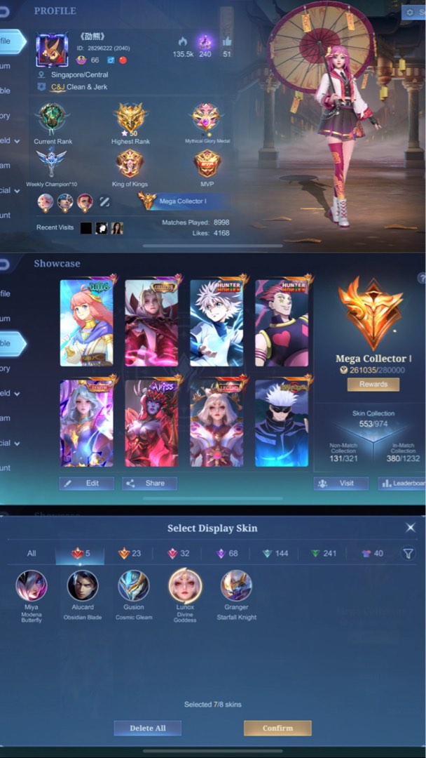 MLBB Account Mega Collector I [ 553 SKINS ] 5 Legends x 23 Collab Skins ...