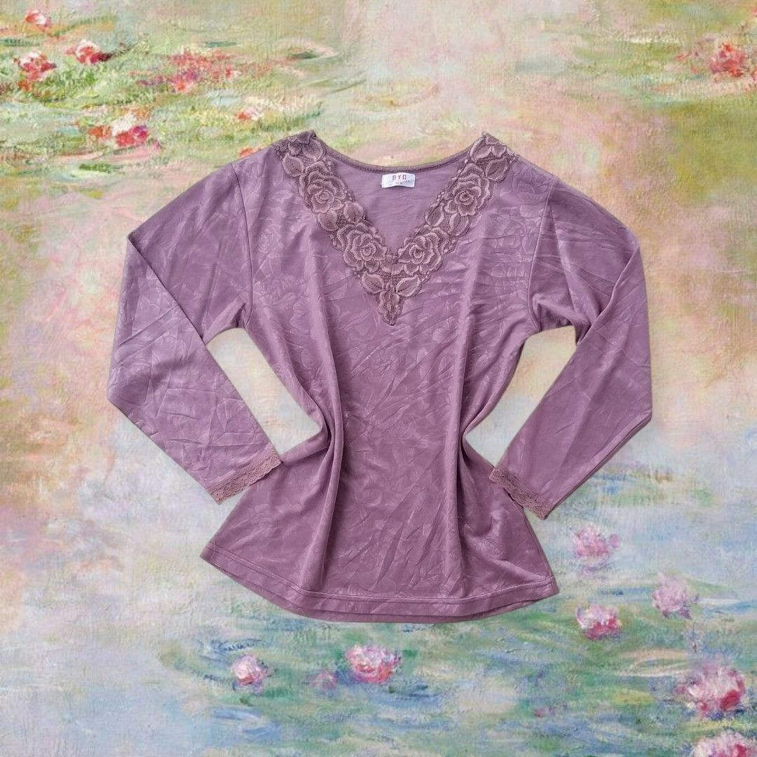 Pink Floral Embossed V-Neck Lace Bodycon Top | atasan blouse renda y2k ...