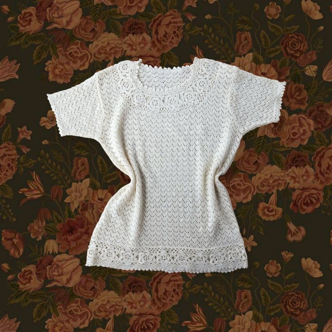[RARE] Broken White Floral Knit Blouse | atasan top rajut jaring ...
