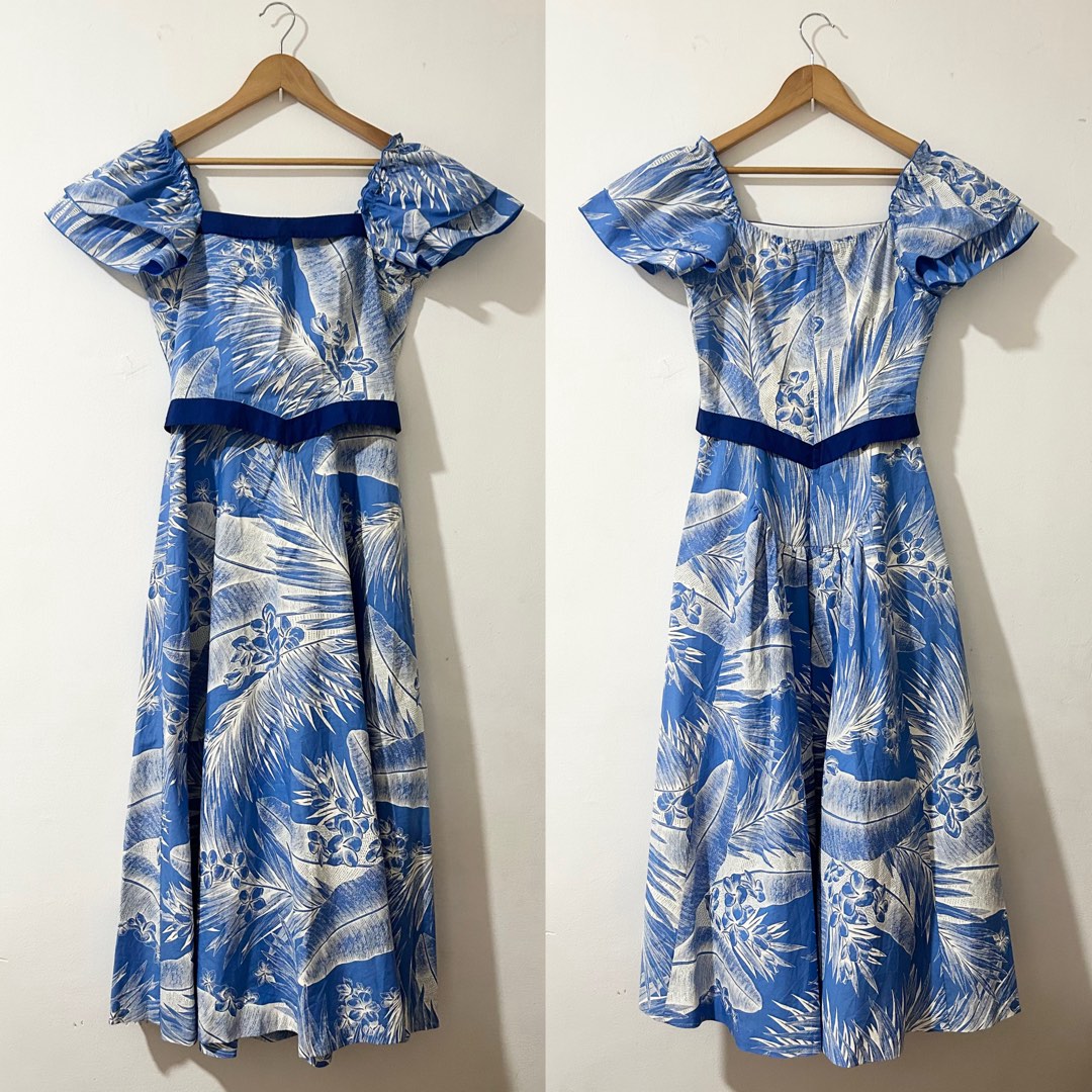 [XS/S] ALOHA STANDARDS Japan Rare Blue Hawaiian Ruffle Sleeves Maxi Dress, Women's Fashion ...