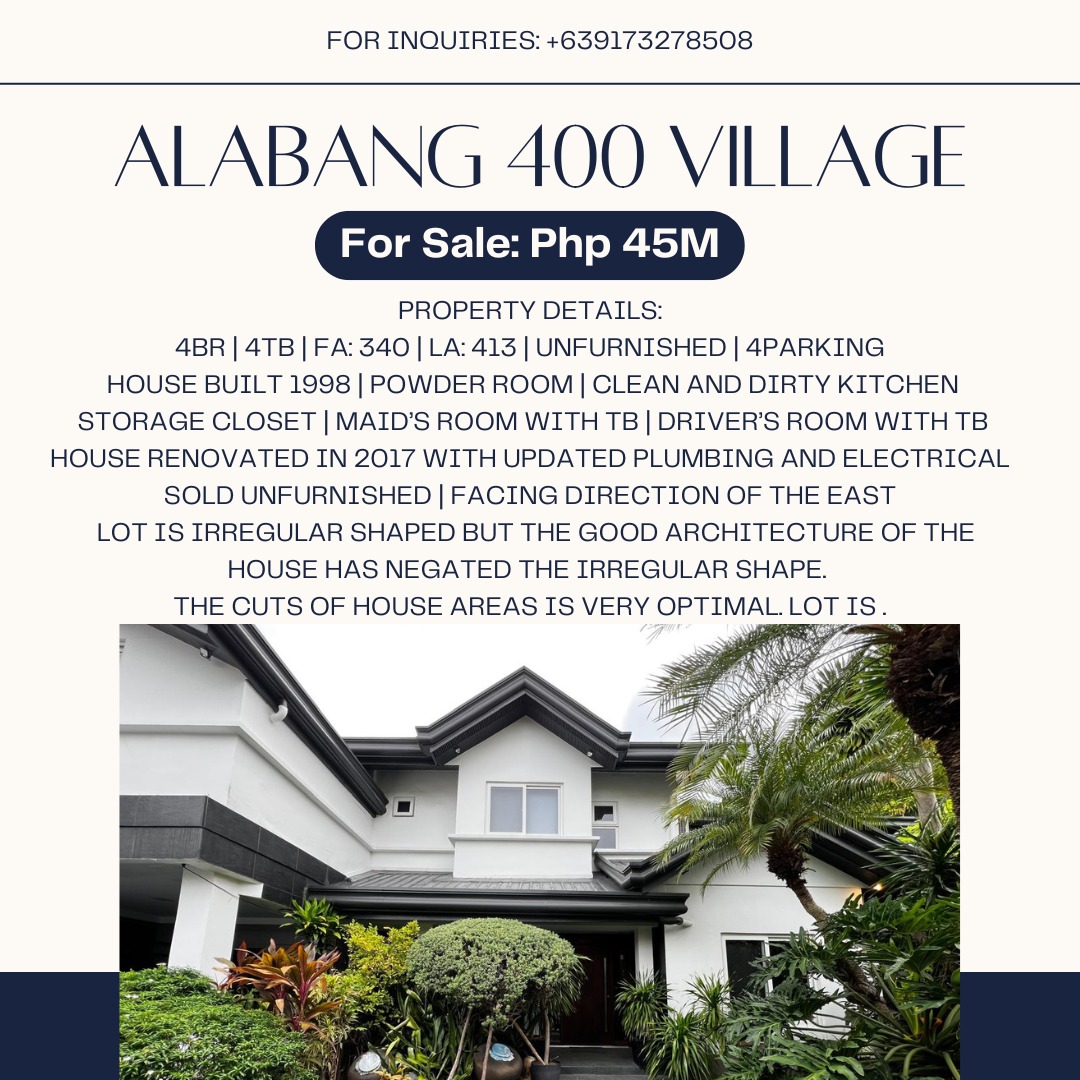 Alabang 400 Village 4br unfurnished with lanai, maid and driver's rooms for sale, Property, For ...