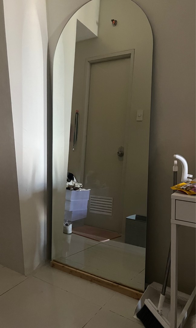 Frameless arc mirror with wood stand, Furniture & Home Living, Home ...