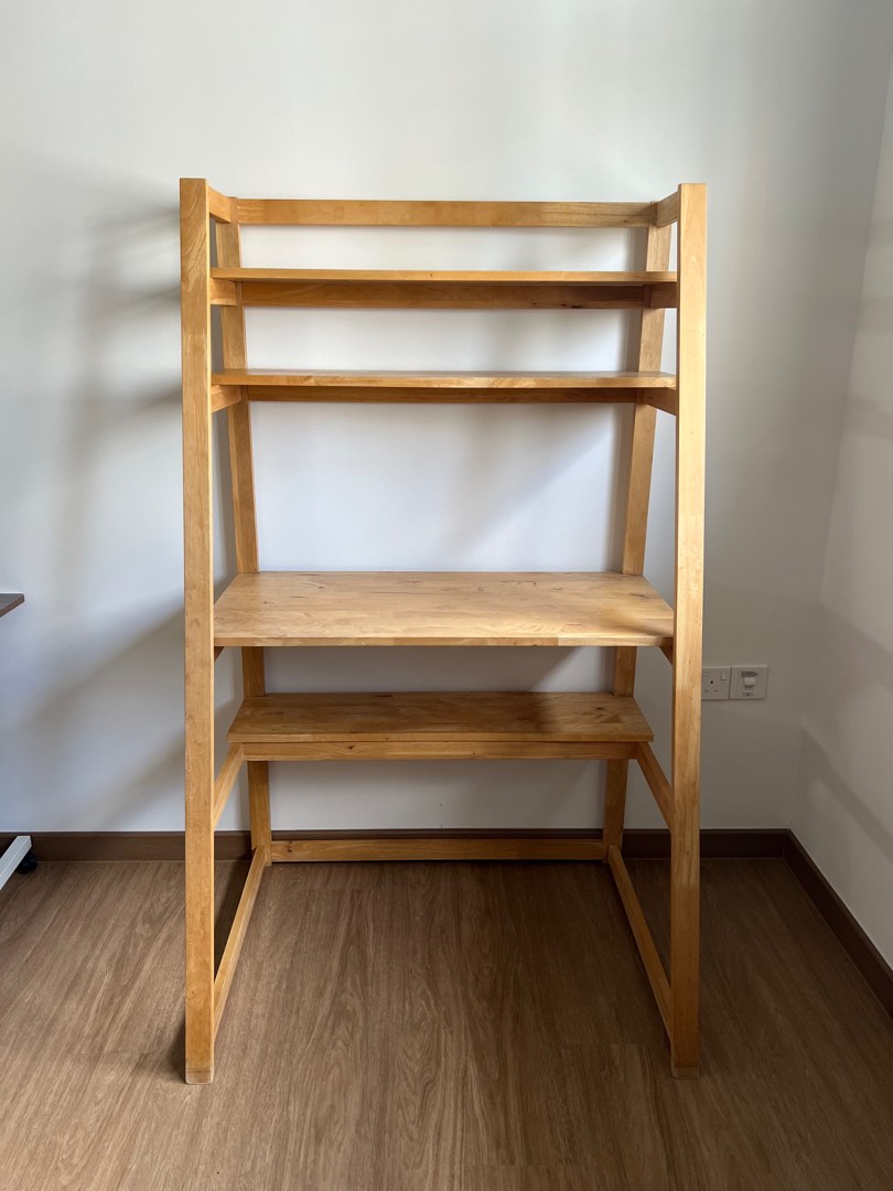 Natural Solid Wood Ladder Desk – Study Table with Shelves | Japandi ...