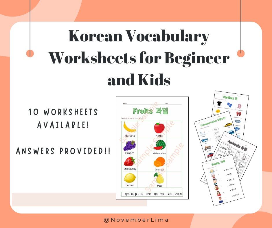 Printable Korean Vocabulary Worksheet for Kids and Beginners | Latihan ...