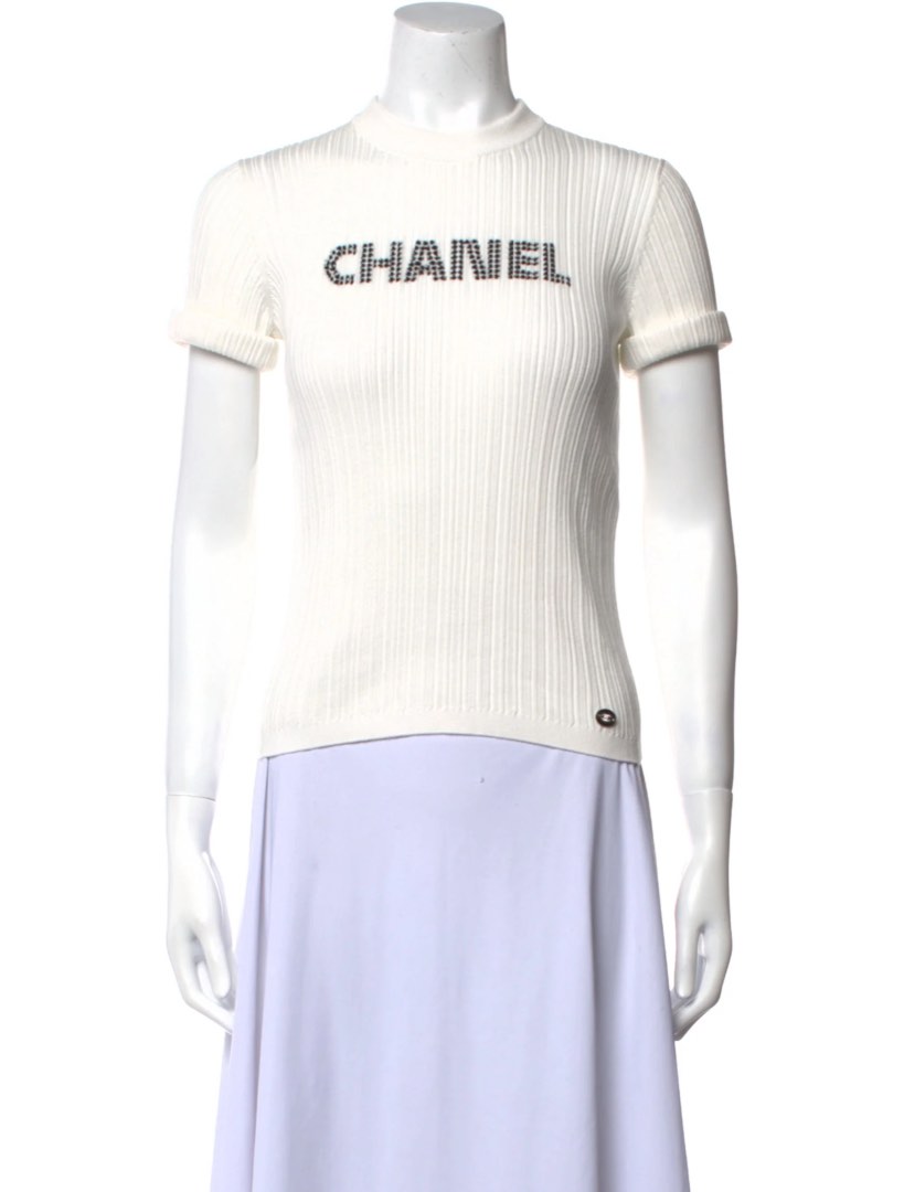 Chanel White Logo Cotton Knit T-Shirt, Luxury, Apparel on Carousell