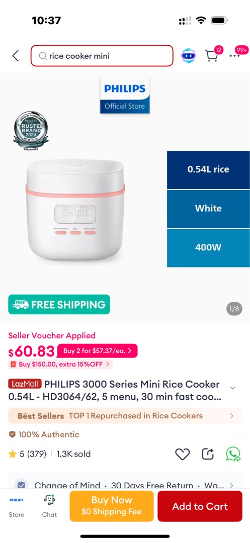 PHILIPS 3000 Series Mini Rice Cooker HD3064, TV & Home Appliances ...