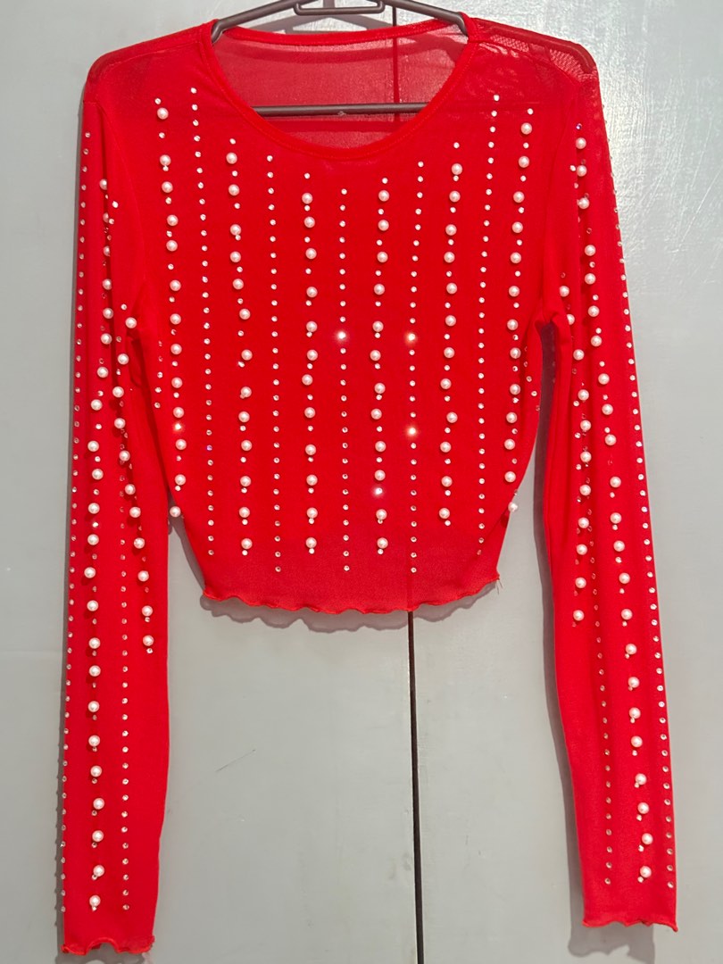 sheer red mesh long sleeves sparkly with pearls top, Women's Fashion ...