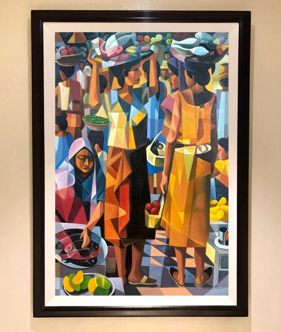 CUBISM MARKET HARVEST SCENE 40x29 inches OIL ON CANVAS Painting with ...